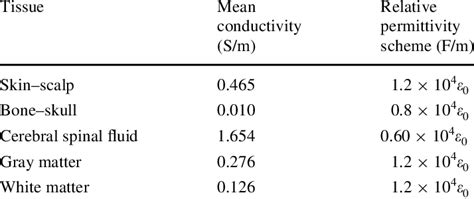 mean conductivity values and relative permittivity schemes used