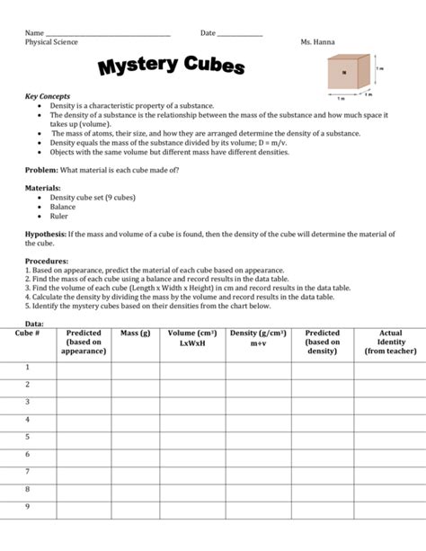 density lab identify mystery cubes physical science