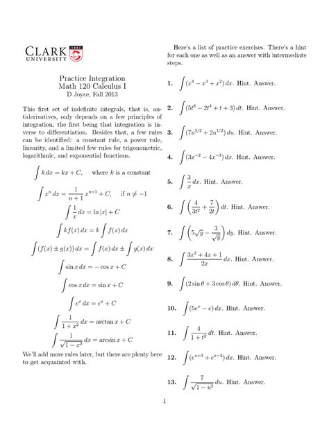 Integral Practice Practice Integration Math 120 Calculus I D Joyce Fall 2013 This First Set