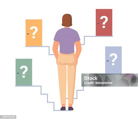 사려 깊은 포즈를 취한 여자 뒷모습 선택 개념 여자 생각 물음표 해결책 만들기 경로 선택 길을 찾는 불확실한 여성 도전과 기회