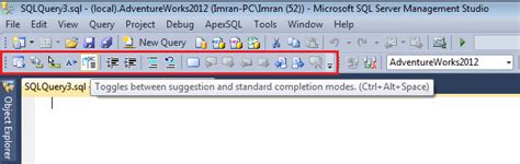 sql server toggle between completion mode and suggestion mode sql