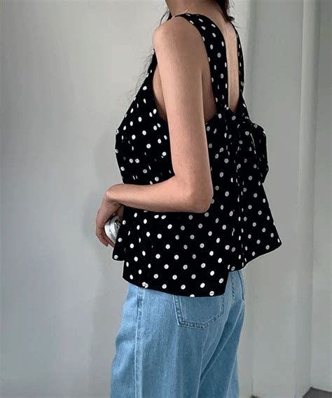 하늘하늘뒷리본 스퀘어 미니도트 프릴나시민소매나시