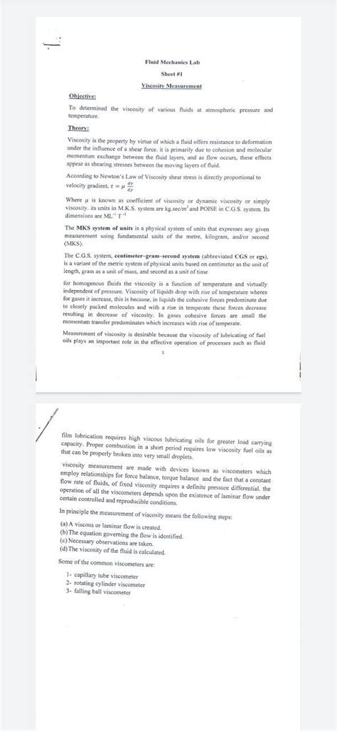 Fluid Mechanics Lab Sheet Viscosity Measurement Chegg