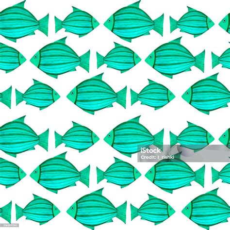 파란색과 녹색 바다 물고기 해양 수중 완벽 한 패턴 바다 아이 스타일의 수채화 예술 어린이 방 패키지 스크랩북 학교 보육원 초대 인쇄 엽서 장식 0명에 대한 스톡 벡터 아트