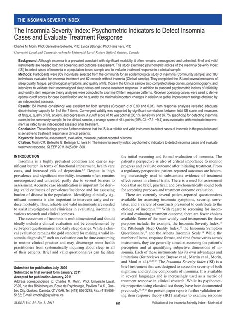 Pdf The Insomnia Severity Index Psychometric Indicators To Detect Insomnia Cases And Evaluate