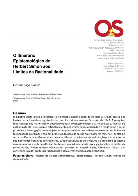 Pdf O Itinerário Epistemológico De Herbert Simon Aos Limites Da