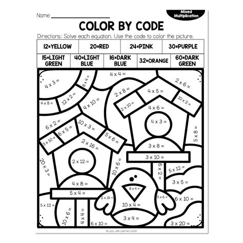 Mixed Multiplication Spring Color By Code Bird And Birdhouses Lucky