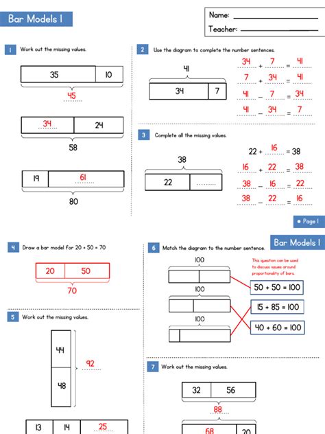 Worksheet 1 Bar Model Part Whole Questions Non Wordy Answers Pdf