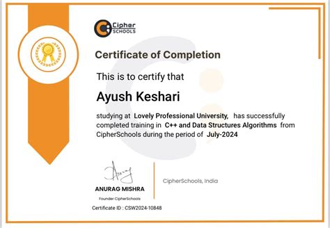 ayush keshari on linkedin cipherschool summertraining cpp datastructures algorithms