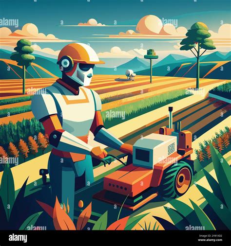 A Robotic Farmer Operates A Futuristic Tractor In A Field Showcasing