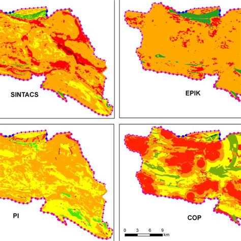 resulting vulnerability maps obtained by application of four different