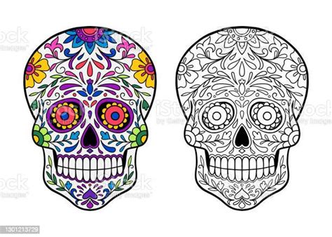 มือวาดกะโหลกน้ําตาลเม็กซิกันที่มีรูปแบบดอกไม้ ภาพประกอบสต็อก ดาวน์โหลดรูปภาพตอนนี้ La