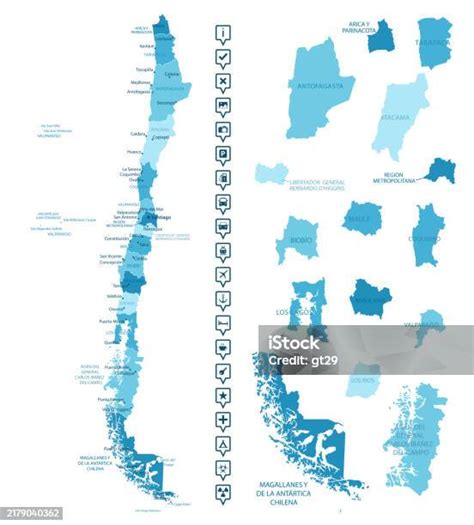 칠레 지역으로 나뉘어진 파란색으로 표시된 국가의 상세지도 인포그래픽 아이콘 개체 그룹에 대한 스톡 벡터 아트 및 기타 이미지 개체 그룹 고대비 골프 Istock