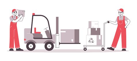 배달 서비스 물류 노동자 창고 팀 개요 배달 서비스 지게차 창고 소포 저장 노동자 벡터 일러스트 레이 션 세트 창고 개념 개념에 대한 스톡 벡터 아트 및 기타 이미지