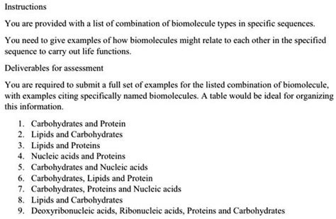 Instructions You Are Provided With A List Of Combination Of Biomolecule Types In Specific