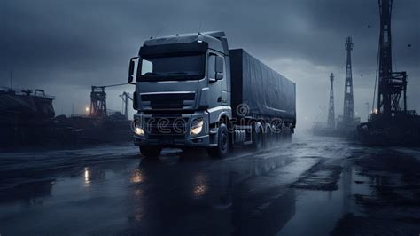 Cargo Truck Driving In The Night Or Sundown Transportation Industry