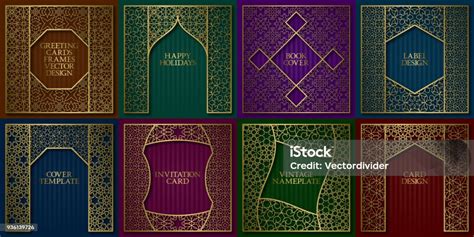 황금 무늬 프레임을 설정합니다 인사말 카드 배경 아시아 전통적인 스타일에서의 빈티지 디자인 브로셔 책 표지 이름표 레이블 템플릿 0명에 대한 스톡 벡터 아트 및 기타 이미지
