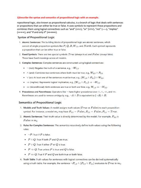 1 Describe The Syntax And Semantics Of Propositional Logic With An