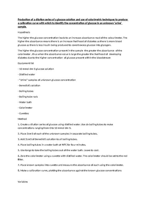 Bio Prac 11 Notes Production Of A Dilution Series Of A Glucose Solution And Use Of