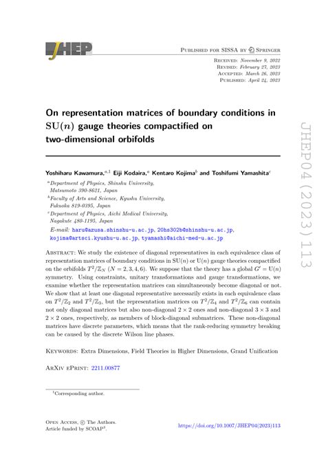 Pdf On Representation Matrices Of Boundary Conditions In Sun Gauge Theories Compactified On