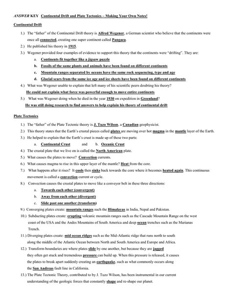 Plate Tectonics Worksheet Answer Key E