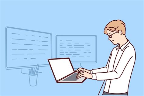 premium vector man software developer is standing at table with