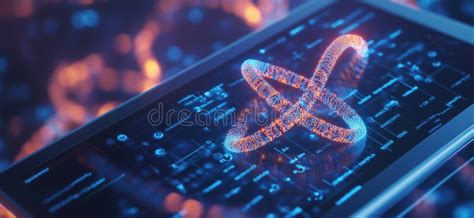 3d Quantum Computing Visualization On Digital Tablet With Abstract Data Background Stock Image