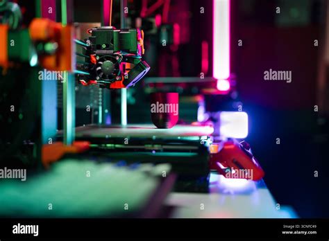 3d Printing Process Neon Light Modern Fabrication Showing Active 3d Printer Creating Object