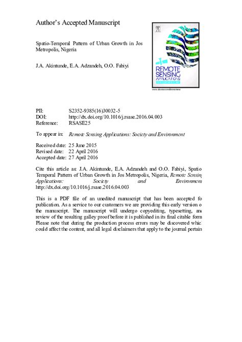 Pdf Spatio Temporal Pattern Of Urban Growth In Jos Metropolis Nigeria