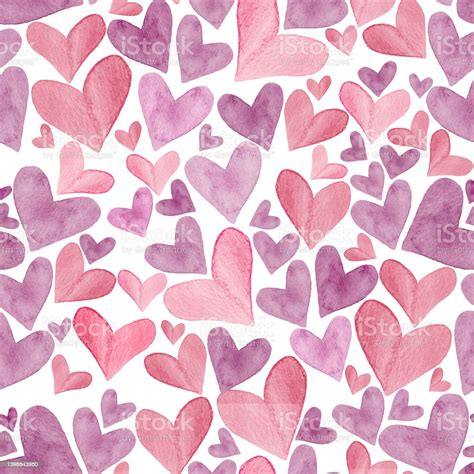 수채화 분홍색과 보라색 하트의 원활한 패턴 Llustration 손으로 그린 요소 흰색에 고립 포장지 배경 화면 엽서 인사말 카드 청첩장 낭만적 인 이벤트 개체 그룹에 대한