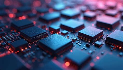 Illustration Of Abstract Blue Circuit Board With Microchips Semiconductors Modern Tech