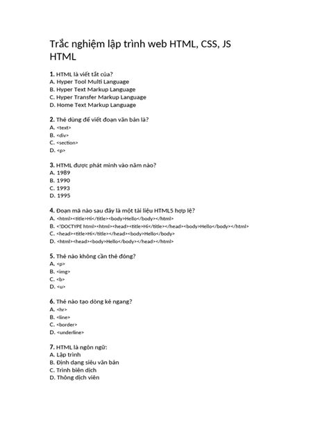 Trắc Nghiệm Lập Trình Web Htmlcssjs Pdf