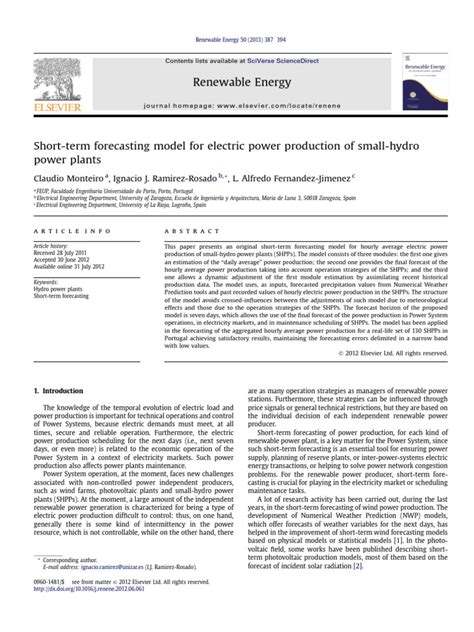 Short Term Forecasting Model For Electric Power Production Of Small Hydro Pdf Weather