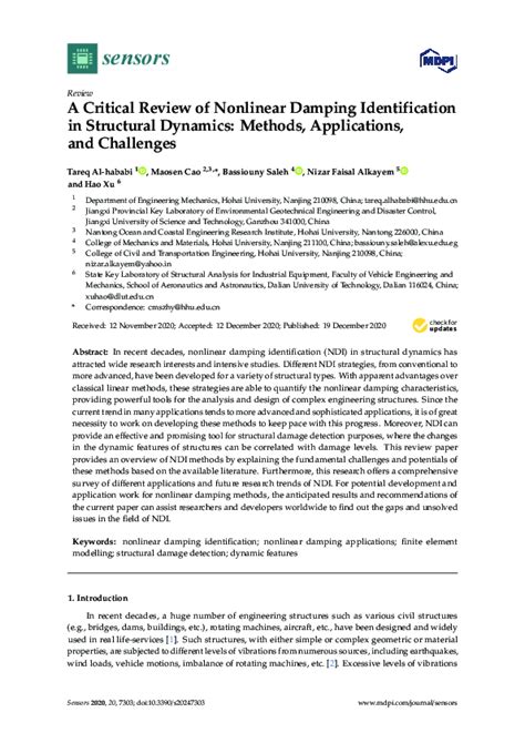 Pdf A Critical Review Of Nonlinear Damping Identification In Structural Dynamics Methods