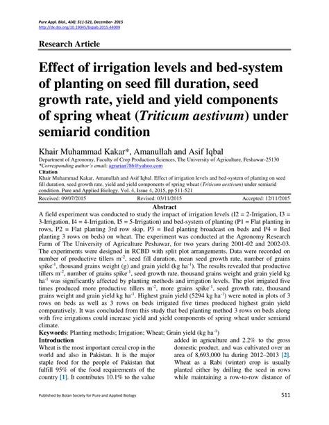 Pdf Effect Of Irrigation Levels And Bed System Of Planting On Seed Fill Duration Seed Growth