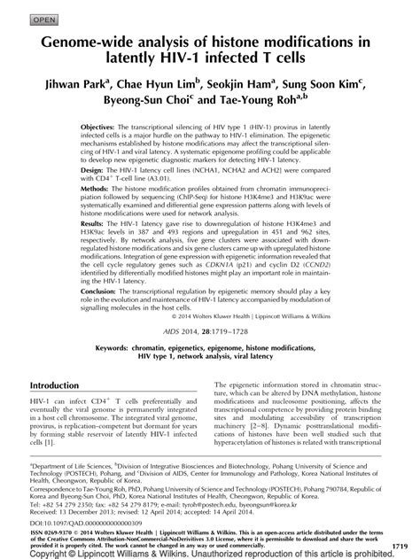 Pdf Genome Wide Analysis Of Histone Modifications In Latently Hiv 1 Infected T Cells