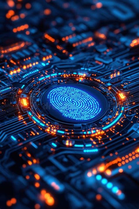 Futuristic Fingerprint Scan On Illuminated Electronic Circuit Board Featuring Vibrant Blue And