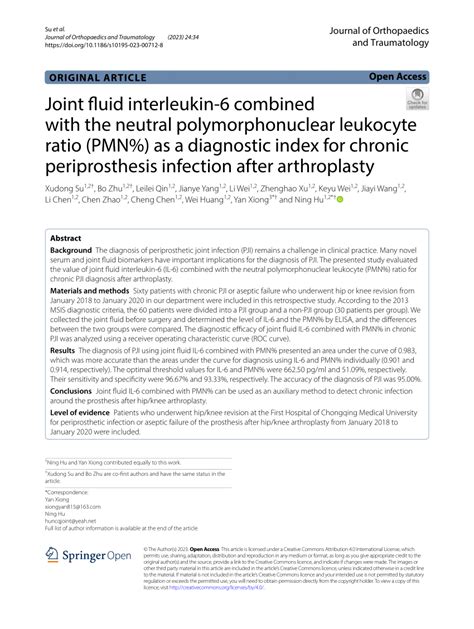 Pdf Joint Fluid Interleukin 6 Combined With The Neutral