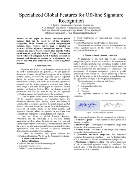 Pdf Specialized Global Features For Off Line Signature Recognition