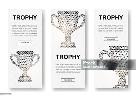 세 트로피 컵 다각형 수직 배너 세트 3d 연결된 점이있는 낮은 폴리 기호를 수상하십시오 홈페이지 디자인을 위한 수직 그림 Championship에 대한 스톡 벡터 아트 및