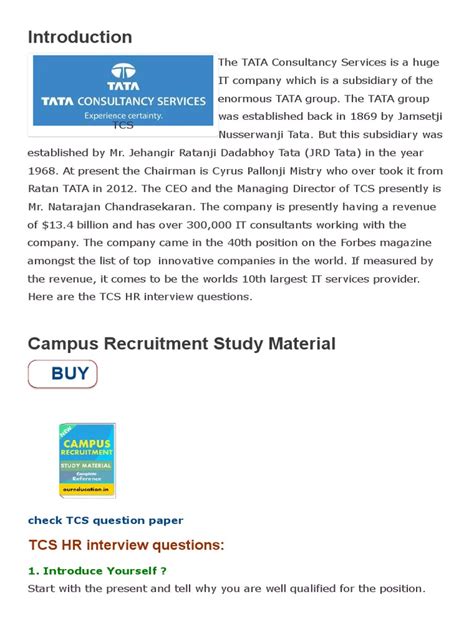 Tcs Hr Interview Questions With Answers Our Education Pdf
