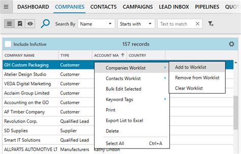 Using The Company Or Contact Worklist Legrand Crm Knowledge Base