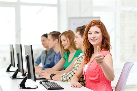 Female Babe With Classmates In Computer Class Test Networking Classmates Photo Background And