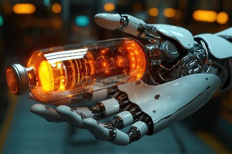 Futuristic Robotic Hand Holding A Glowing Energy Cell In A Modern Laboratory Setting Stock
