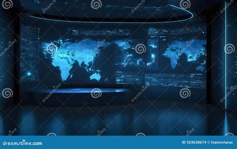 Futuristic World Map Display In A High Tech Control Room Stock Illustration Illustration Of