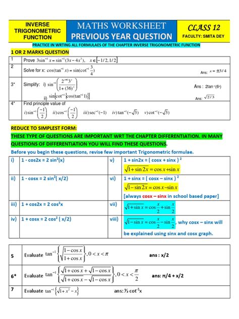 Inverse Trigo Worksheet Pdf