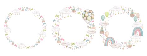 파스텔 색상의 아기를 위한 둥근 프레임 세트입니다 수채화 화환 생일 배경 성별 파티 베이비 샤워 어린이 파티 인사말 카드