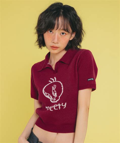 Musinsa Fancy Club [fancy X Tw] Tweety Collar Knit Crop Tee Wine