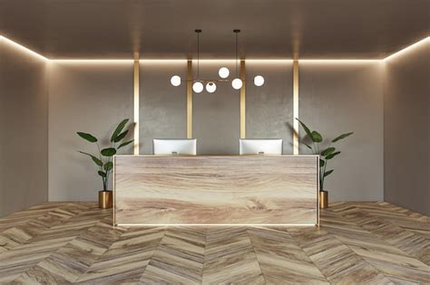 쪽모이 세공 마룻바닥에 현대적인 컴퓨터가 있는 천연 나무 석판으로 만든 세련된 리셉션 데스크의 전면 전망 상단 3d 렌더링에