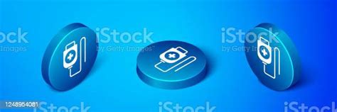 파란색 배경에 격리 된 등색 Iv 가방 아이콘 블러드 백 혈액 개념을 기부합니다 치료와 치료의 개념 화학 요법 파란색 원 버튼입니다 벡터 일러스트레이션 3차원 형태에 대한